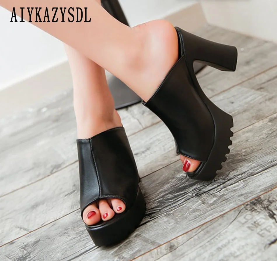 AIYKAZYSDL 2024 PU Leather Sewing Open Peep Toe Pumps Platform Block ...