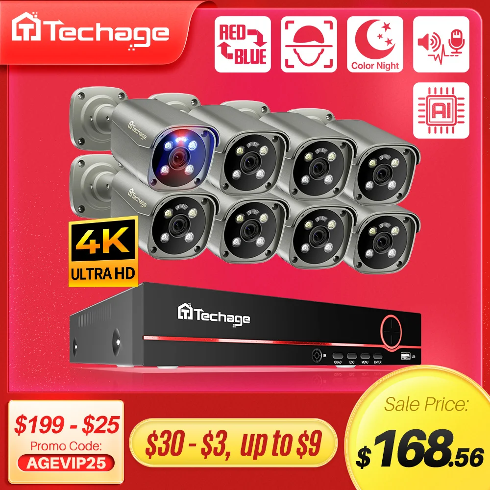 Techage 4k Security Camera System Ultra Hd 8mp Poe Nvr Two-way Audio ...