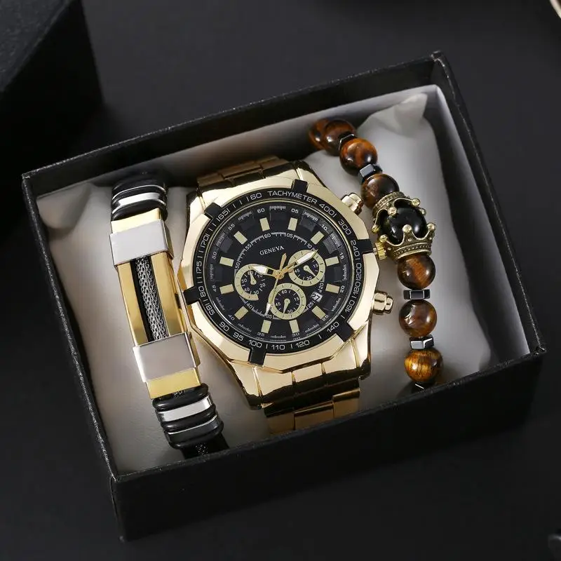 New-men-s-waterproof-watch-steel-band-three-eyes-luminous-bracelet-set ...