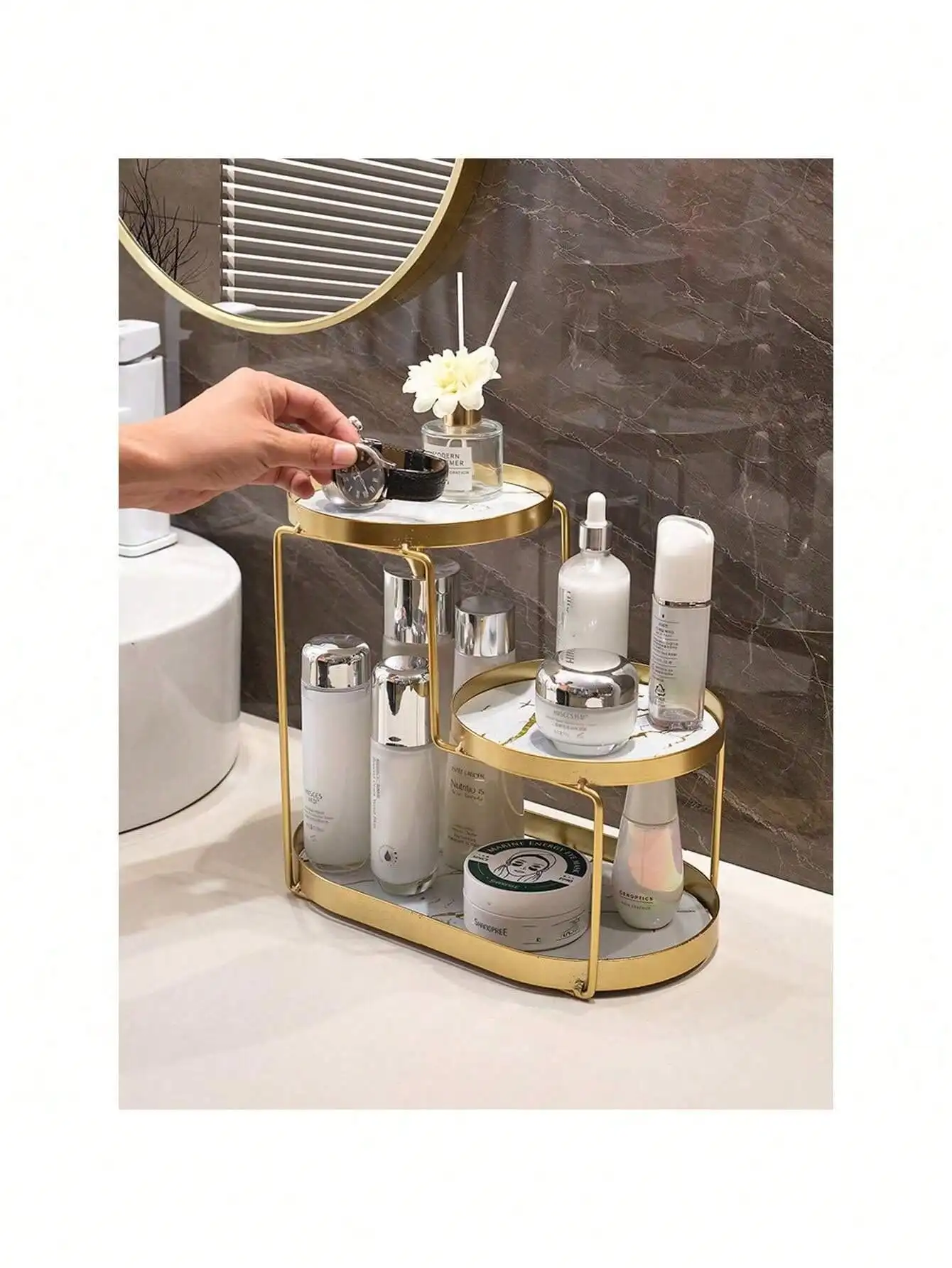 3-Tier Marble Makeup Organizer - Large Vanity Shelf for Skincare ...