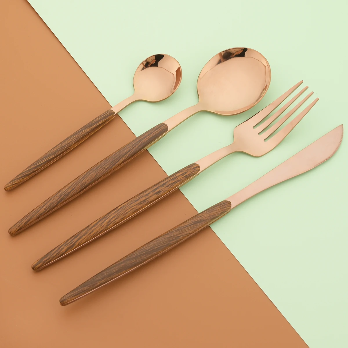 나무 손잡이 칼 세트 브라운 로즈 스테인레스 스틸 식기 나이프 포크 커피 차 스푼 식탁 세트 주방용품 4 피스