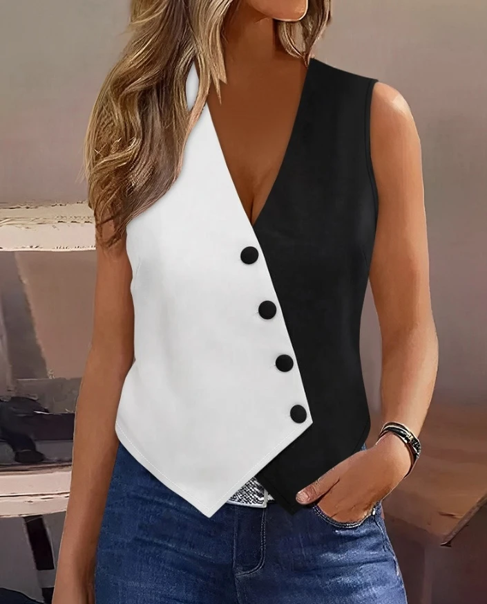 Camisa-sin-mangas-con-dobladillo-asim-trico-para-mujer-Top-elegante-con-botones-coloridos-cuello ...