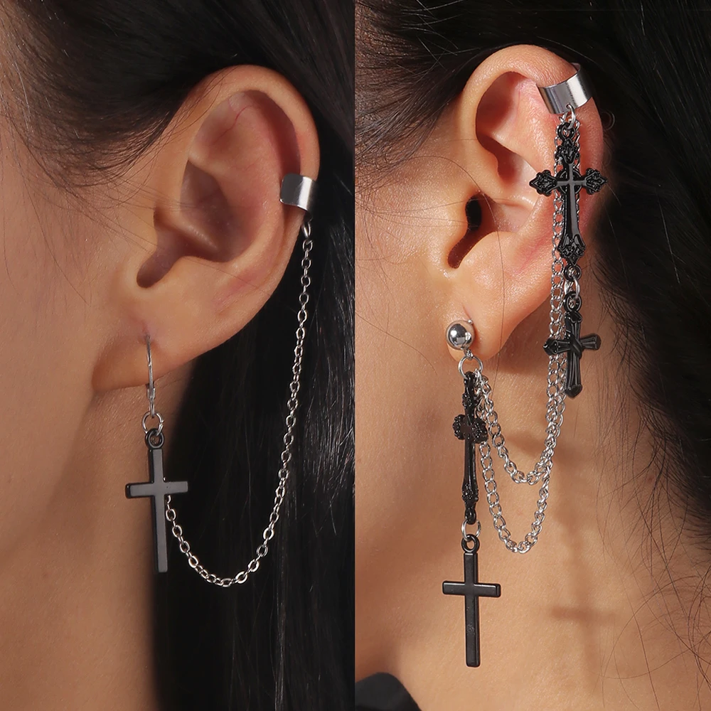 Aihua-1pc-Punk-Black-Cross-Tassel-Earrings-Women-Clip-Stud-Earring ...