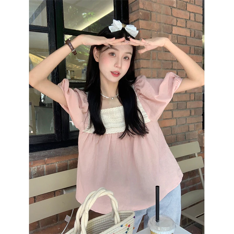 MEXZT-Blusa-de-encaje-con-cuello-cuadrado-para-mujer-blusa-holgada-de ...