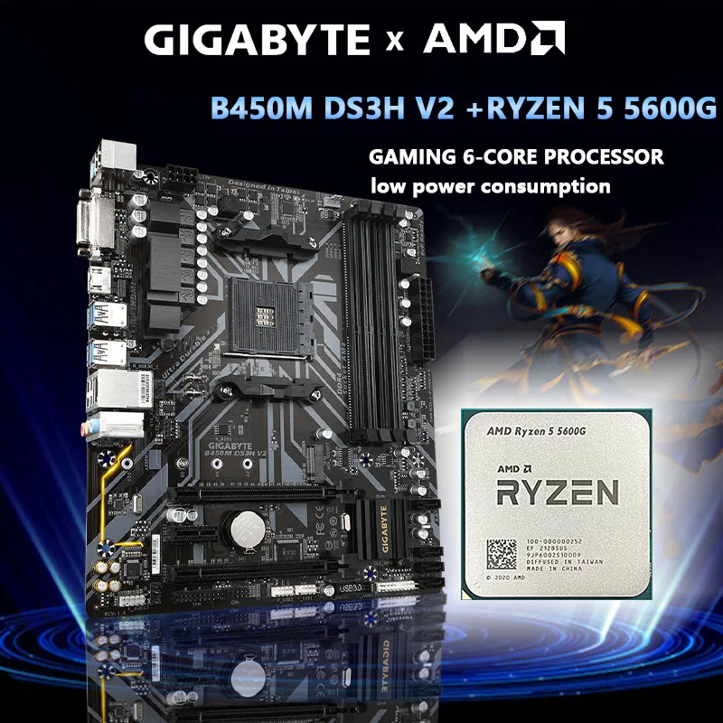 Amd – Nouvelle Carte Mère Ryzen 5 5600g R5 5600g Cpu + Gigabyte Ga B450m Ds3h V2, Prise Am4 ...