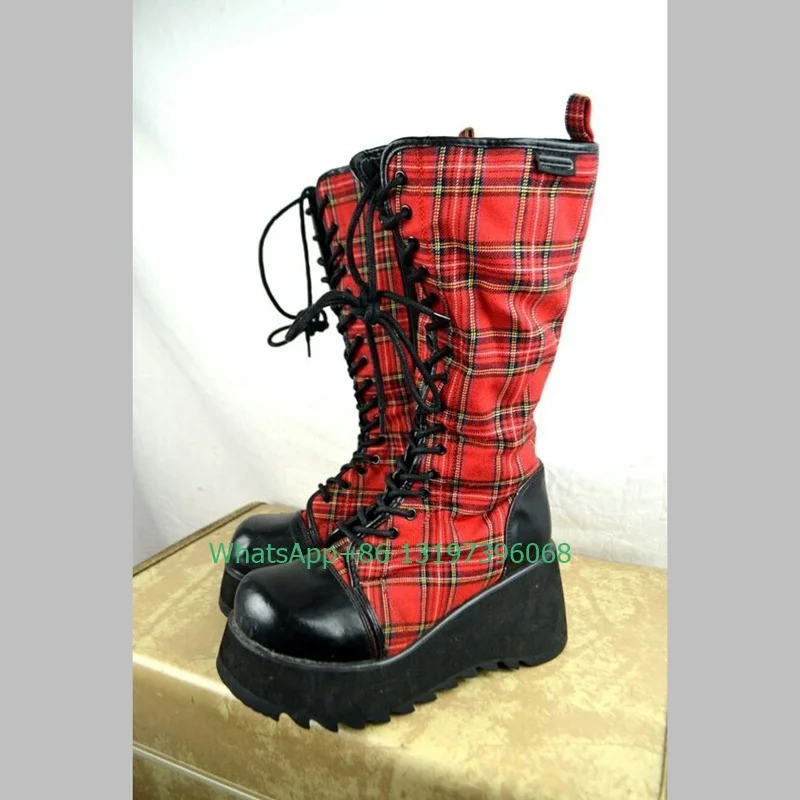 Lady red plaid color design punk knee platform boots metal boots ...