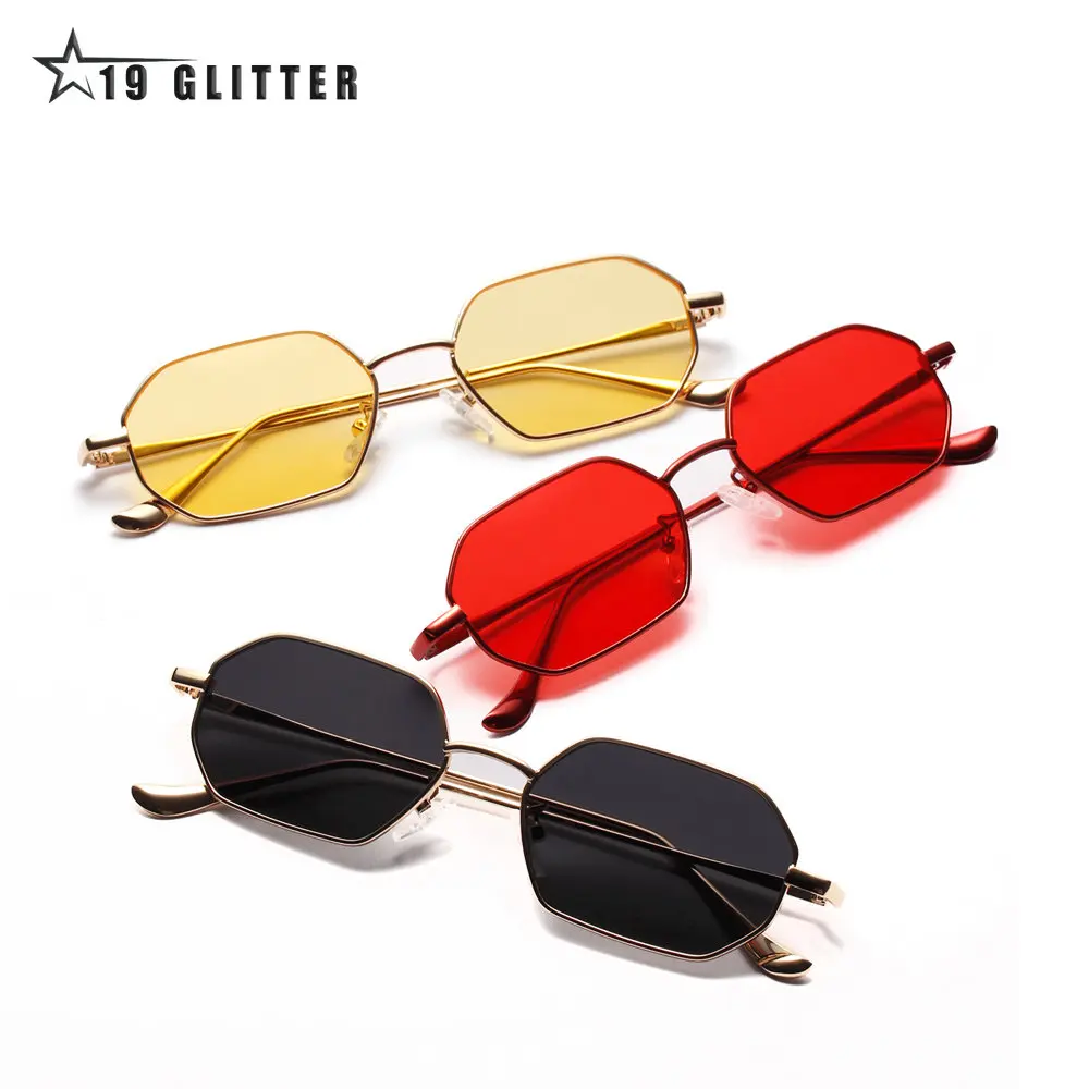 Small Rectangle Sunglasses Men Metal Frame Polygon Women Red Lens Sun ...