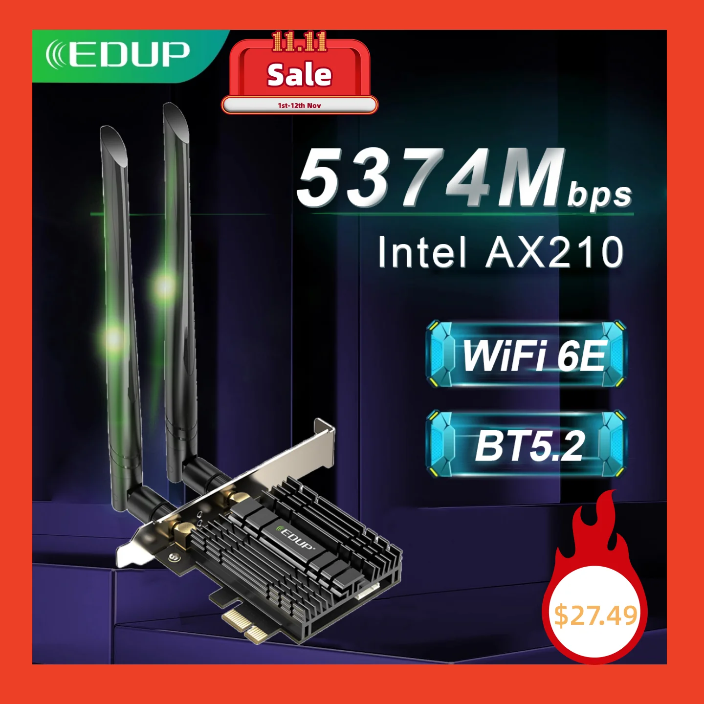 EDUP WiFi6E إنتل AX210 PCIE واي فاي محول 5374Mbps Bluetooth5.2 واي فاي بطاقة الشبكة 2.4G/5G/6GHz ...