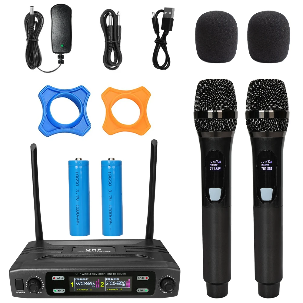 UHF Wireless Microphone Portable Dual Channel Digital Mic Receiver with ...