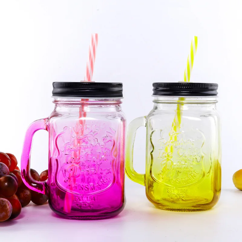 24 Oz Mason Jar Drinking Glasses Handles | Mason Jar Glasses Lids Straws - Color - Aliexpress