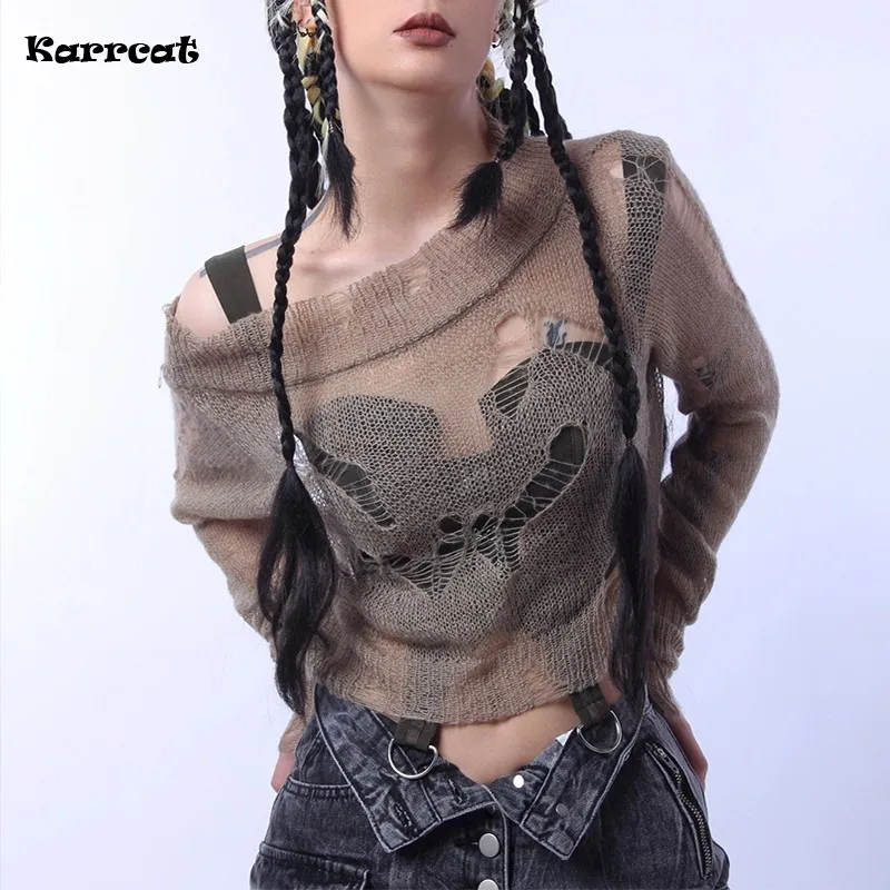 Karrcat-Grunge-Aesthetics-Distressed-Pullover-Cyber-Y2k-Knitted-Jumpers-Wasteland-Punk-Style ...