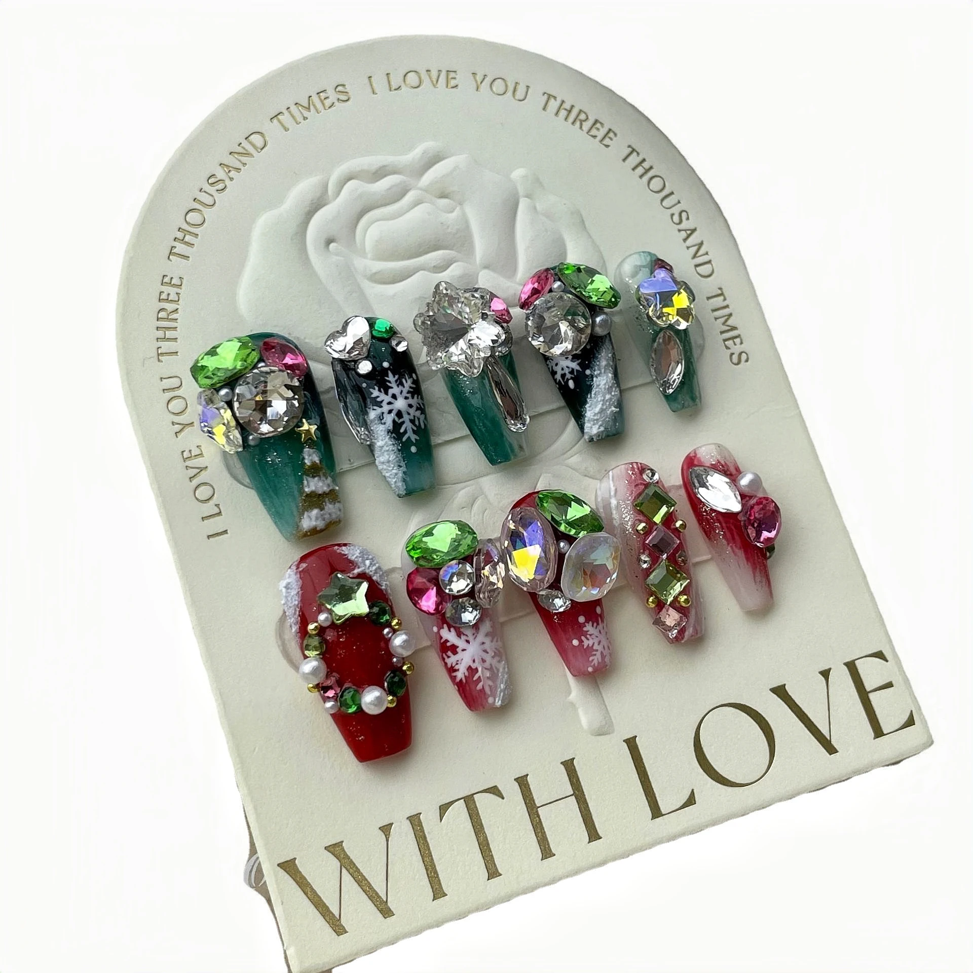 10Pcs-Red-Green-White-Snowflake-Deer-Press-on-Nails-Glitter-Powder ...