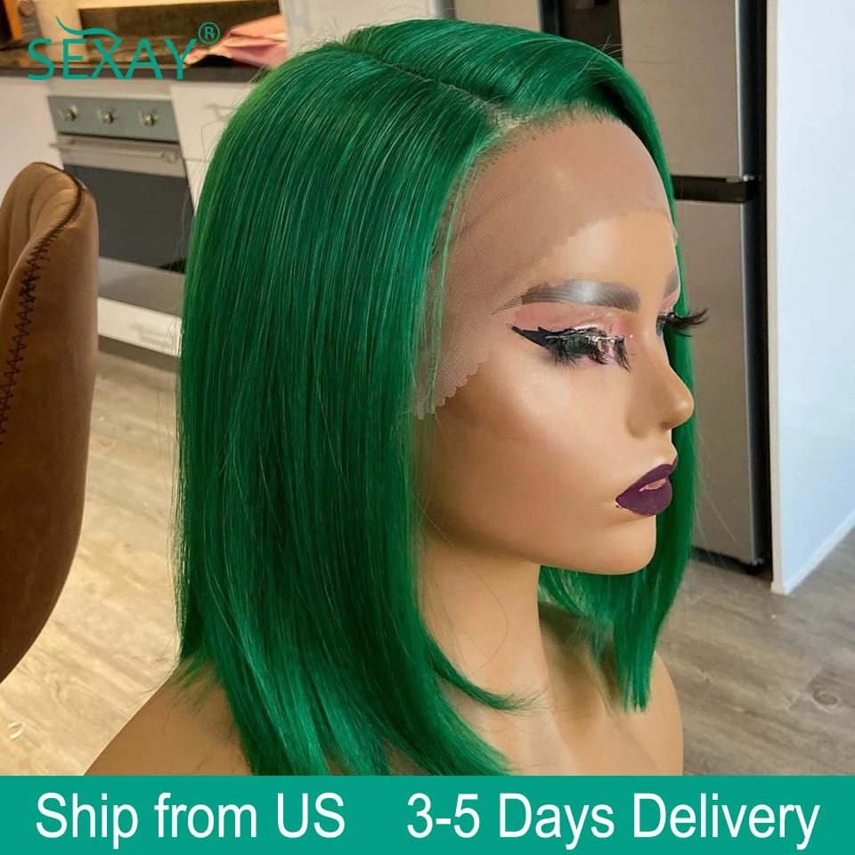 Dark Green Short Bob Wig Transparent Lace Front Human Hair Wigs ...