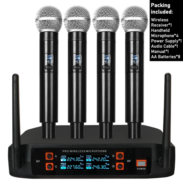 UHF 4 Channel Wireless Microphone Dual UHF Bodypack Cordless Lavalier ...