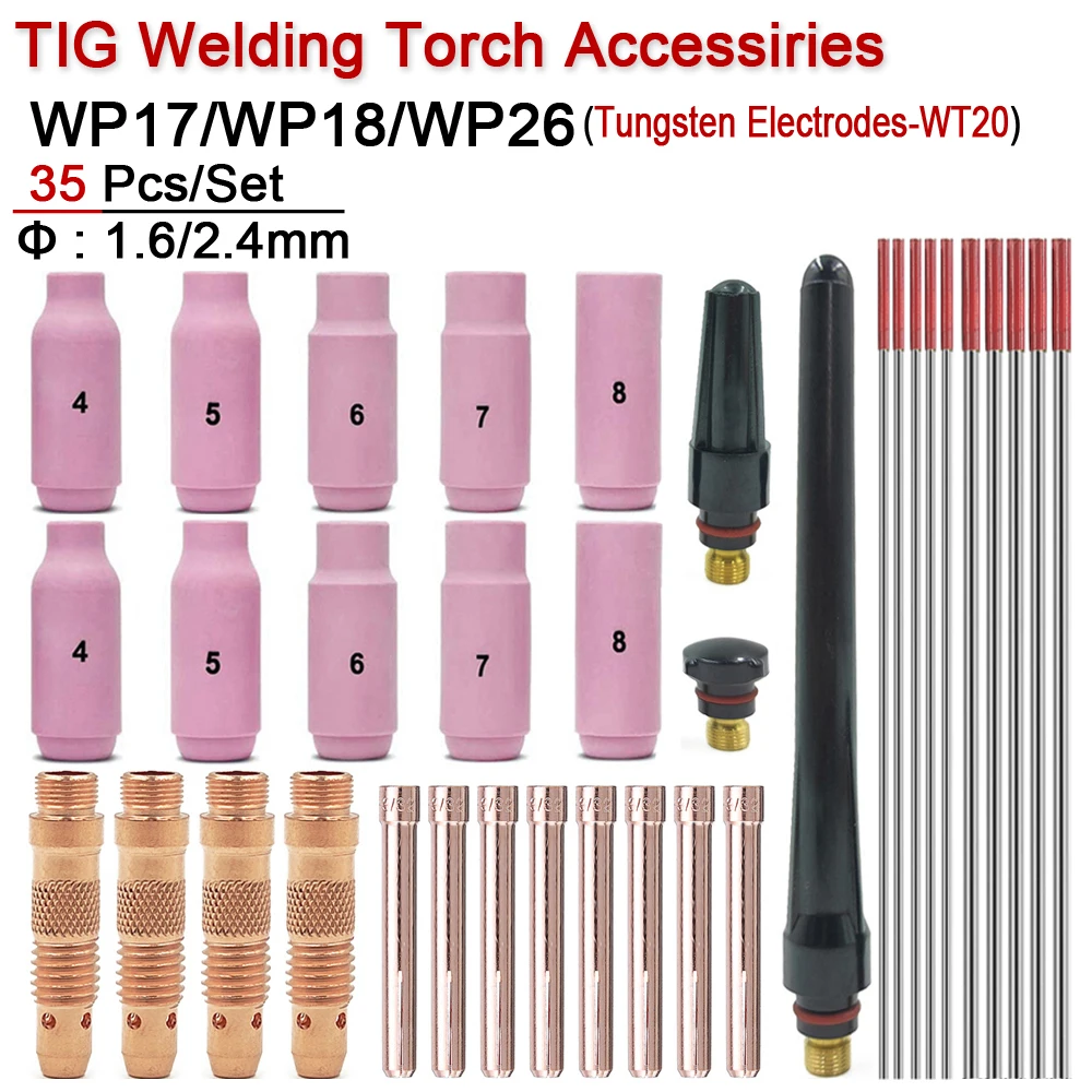 35PCS-TIG-Welding-Torch-Consumable-1-6mm-2-4mm-WT20-150mm-Tungsten ...