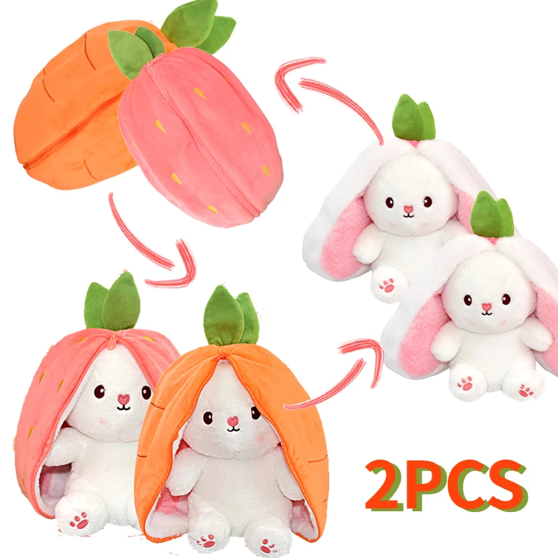 2pcs Easter Bunny Plush Toy Reversible Carrot Strawberry Turn Into ...
