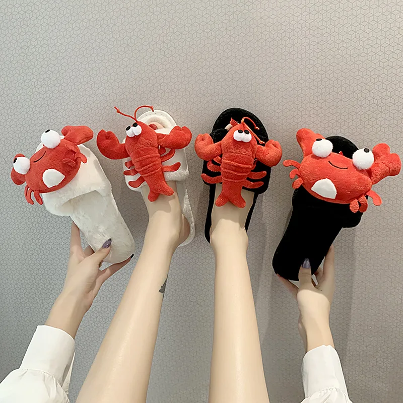 Winter-New-Personality-Flat-Lobster-Crab-Slippers-for-Women-Warm-Plush ...