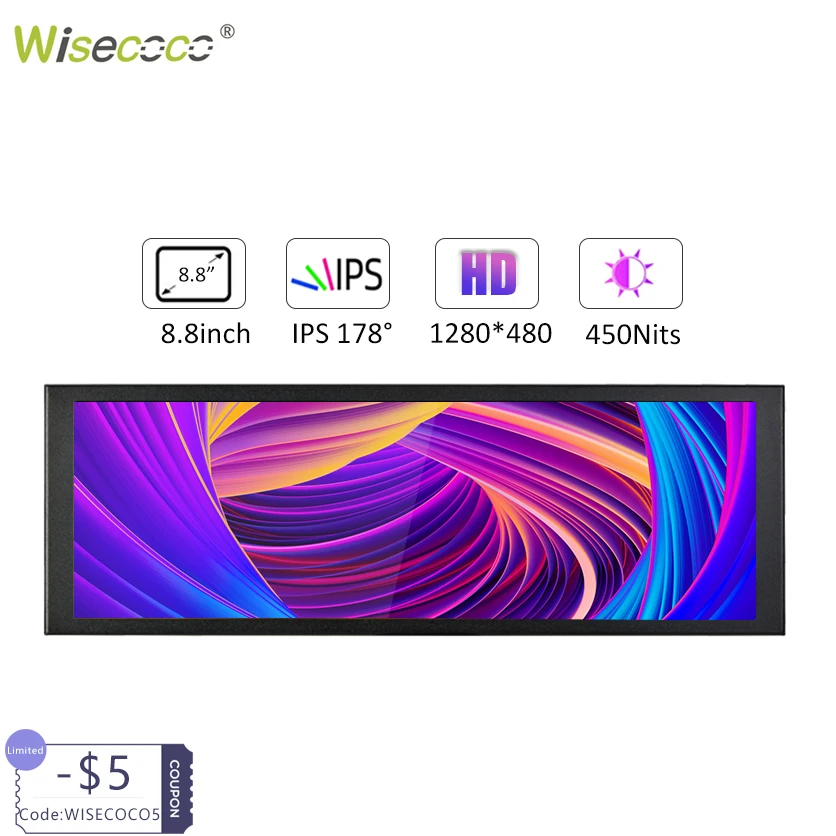 Wisecoco 8.8 Inch 480x1280 Long Strip Portable Monitor IPS Screen HDMI Laptop Display for PC ...