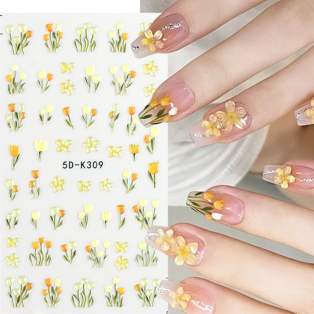 5D-Tulips-Nail-Art-Stickers-Yellow-Pink-Flowers-Peach-Nail-Decals ...