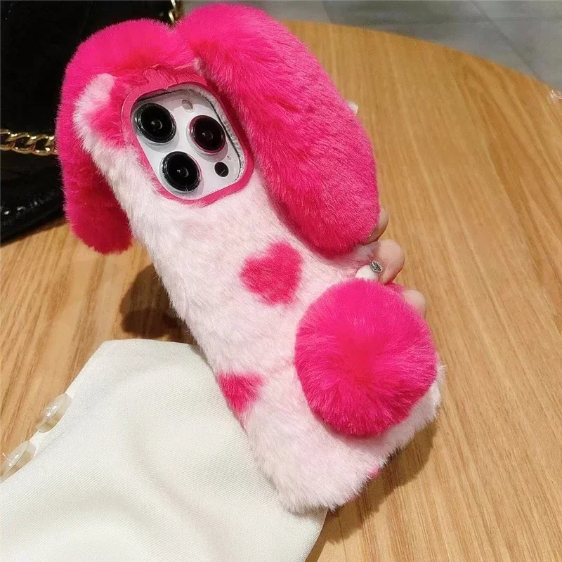 Furry Rabbit Bunny Fur Soft Plush Black Phone Case For OPPO A60 A98 A78 ...