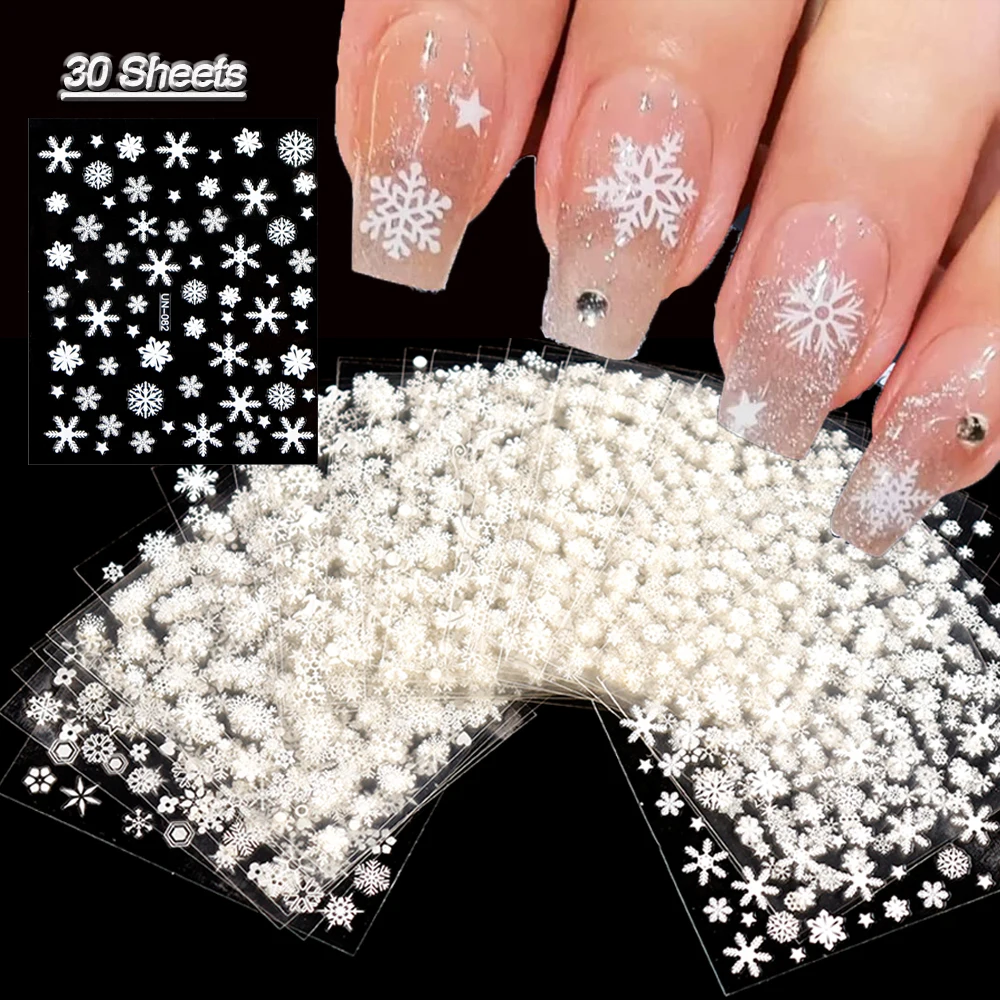 30-Sheets-Christmas-Nail-Art-Stickers-Self-Adhesive-3D-White-Snowflake ...