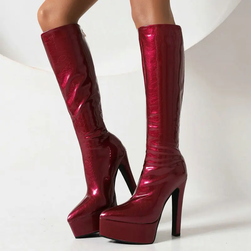 Women-Patent-PU-Leather-Knee-High-Boots-Fashion-Zipper-High-Heel-Long ...
