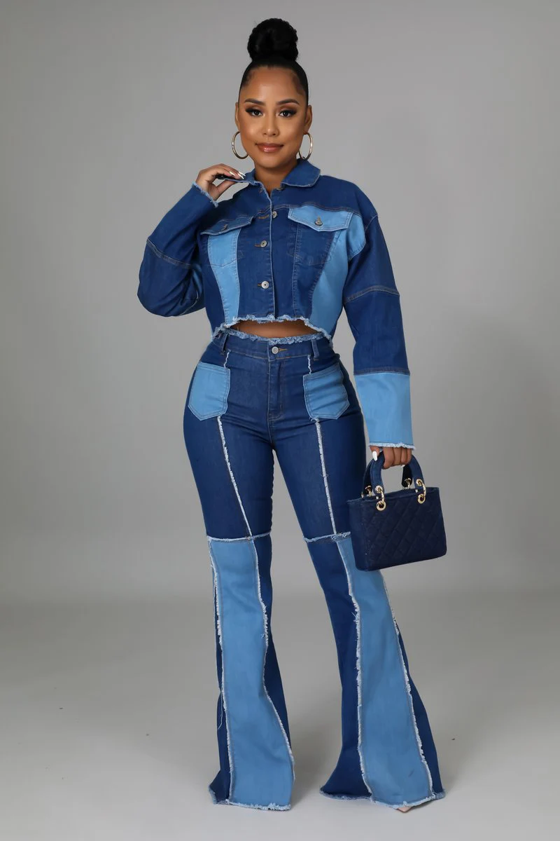 Women-s-Matching-Set-Denim-Patchwork-Vintage-Short-Jacket-and-Flare ...