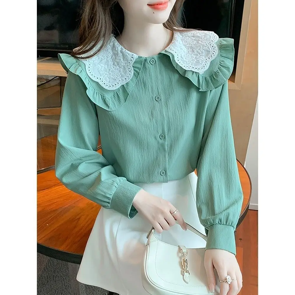 Spring-New-Patchwork-White-Blouse-Solid-Color-Long-Sleeve-Peter-Pan-Collar-Loose-Shirt-Tops ...
