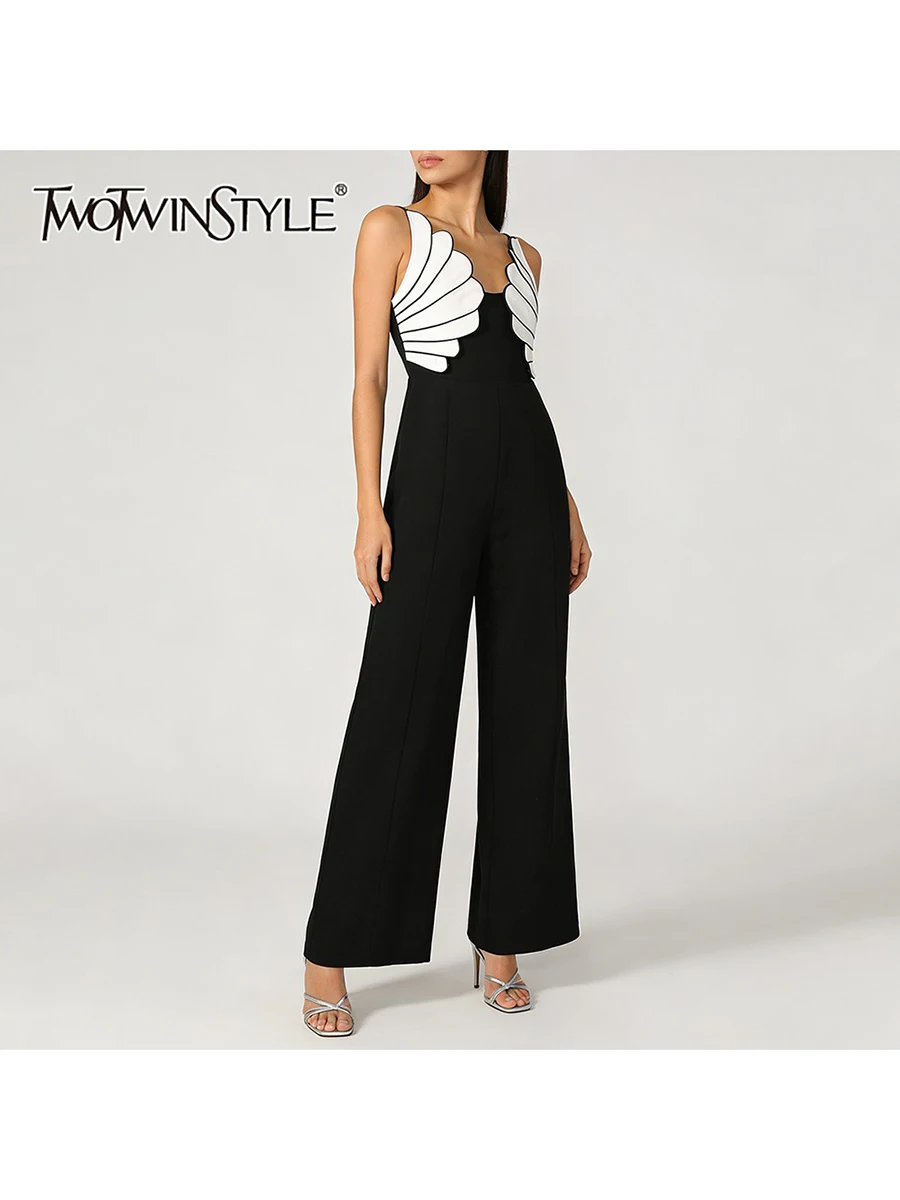 TWOTWINSTYLE Hit Color Spliced Appliques Fashion Jumpsuit for Women V ...