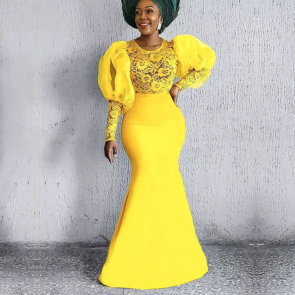 Yellow-Dress-Summer-African-Women-Long-Sleeve-O-neck-Lace-Polyester ...