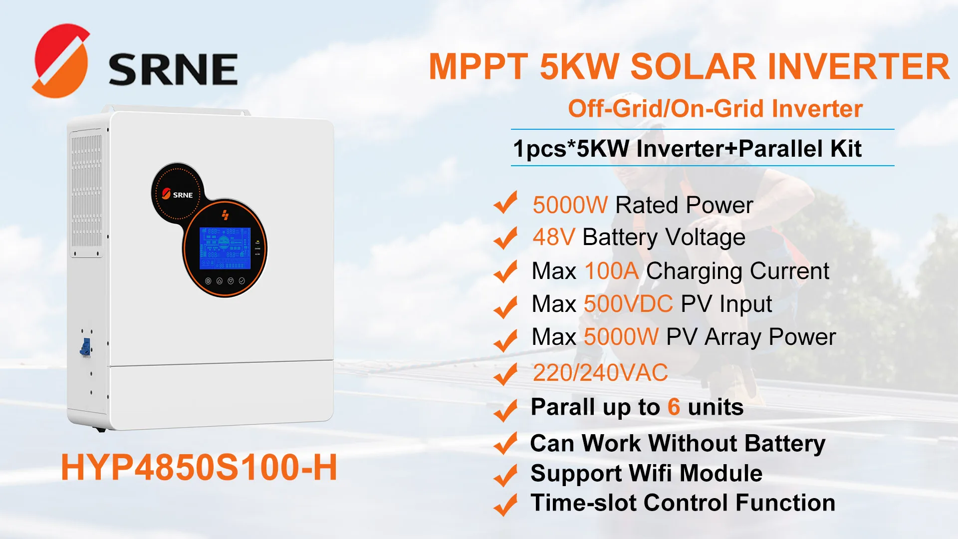 SRNE 5KW 48VDC 220/240VAC Single Phase Hybrid Solar Inverter Off-grid ...