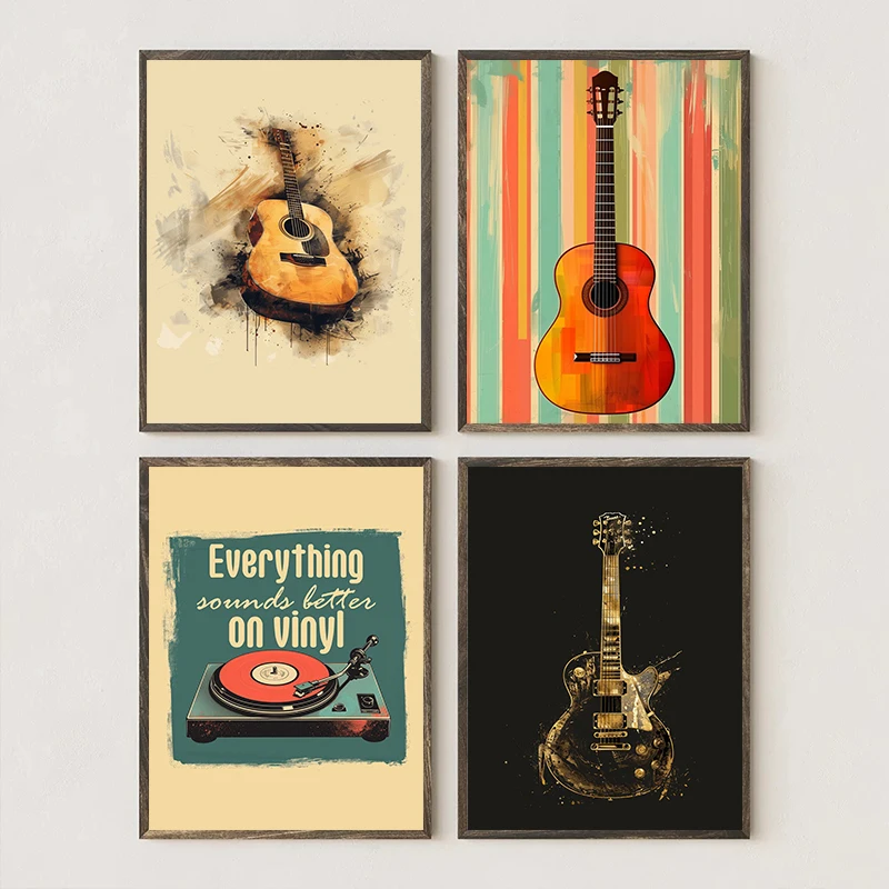 Retro-Lp-Record-Player-Poster-Beautiful-Acoustic-Guitar-Abstract-Wall ...