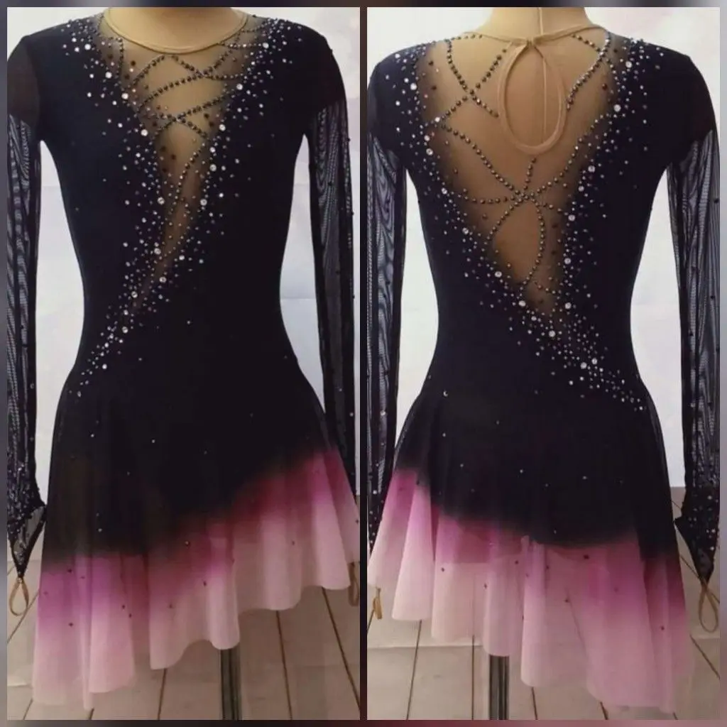 Ice-Figure-Skating-Dress-girls-black-mesh-long-sleeved-competition ...