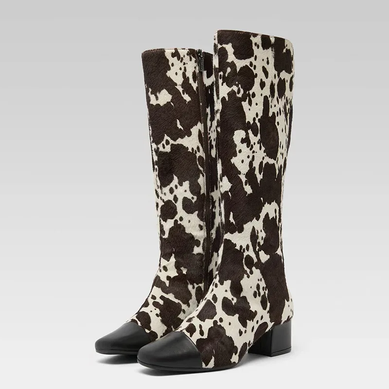 Women's Cow Print Calf Hair Knee High Boots Fashionable Pointed Toe ...