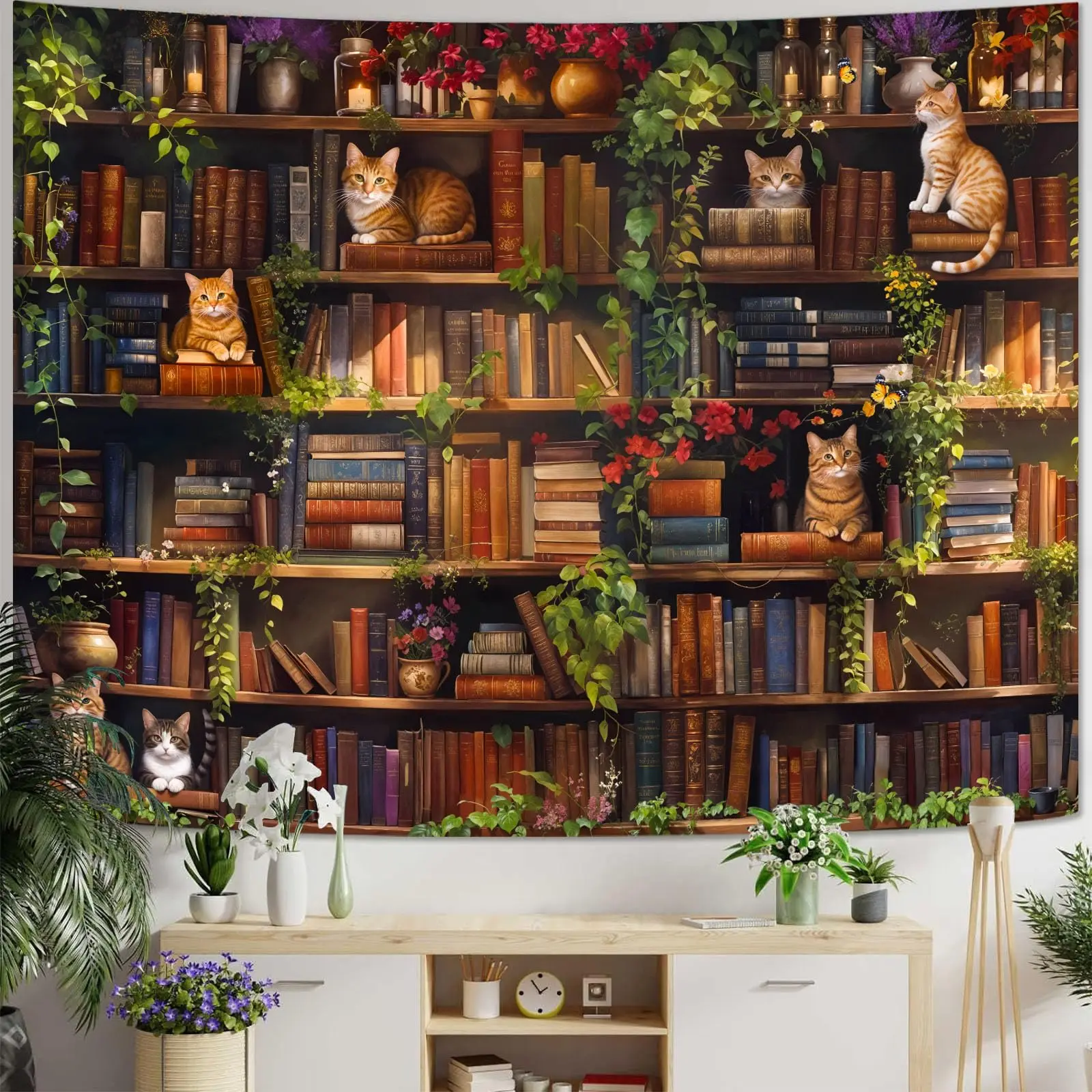 VIKAMA Dark Magic Bookshelf Tapestry Hippie Saint Rowan Tapestry Wall ...