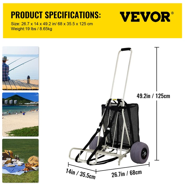 VEVOR Beach Carts for the Sand w/ 10" PVC Balloon Wheels 165LBS ...