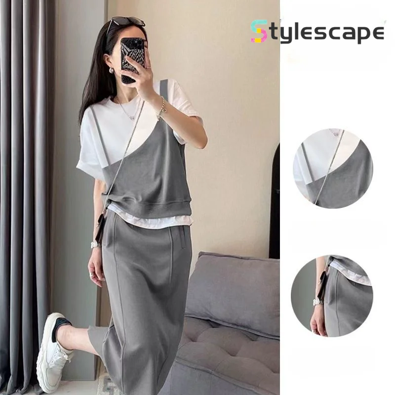 New-Patchwork-Fake-Two-piece-T-shirt-Versatile-for-Women-High-Waisted ...