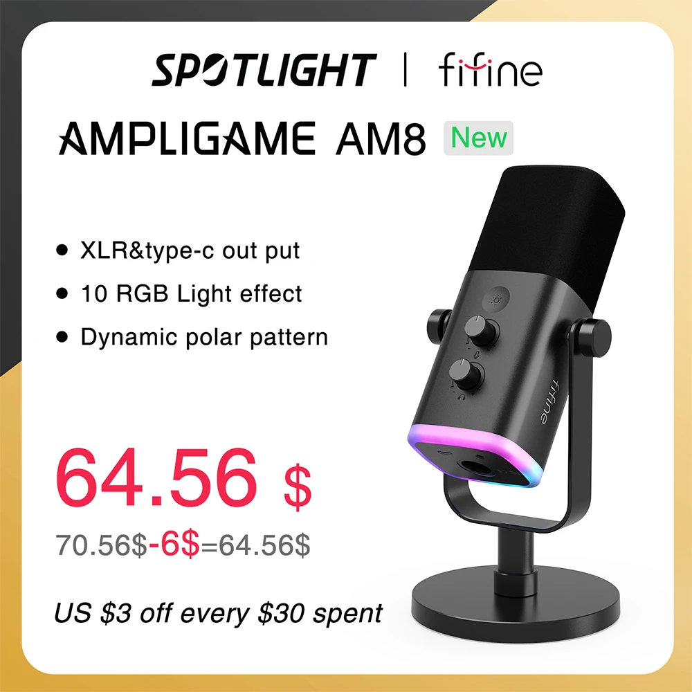 FIFINE USB/XLR Dynamic Microphone with Touch Mute Button,Headphone jack,I/O Controls,for PC PS5 ...