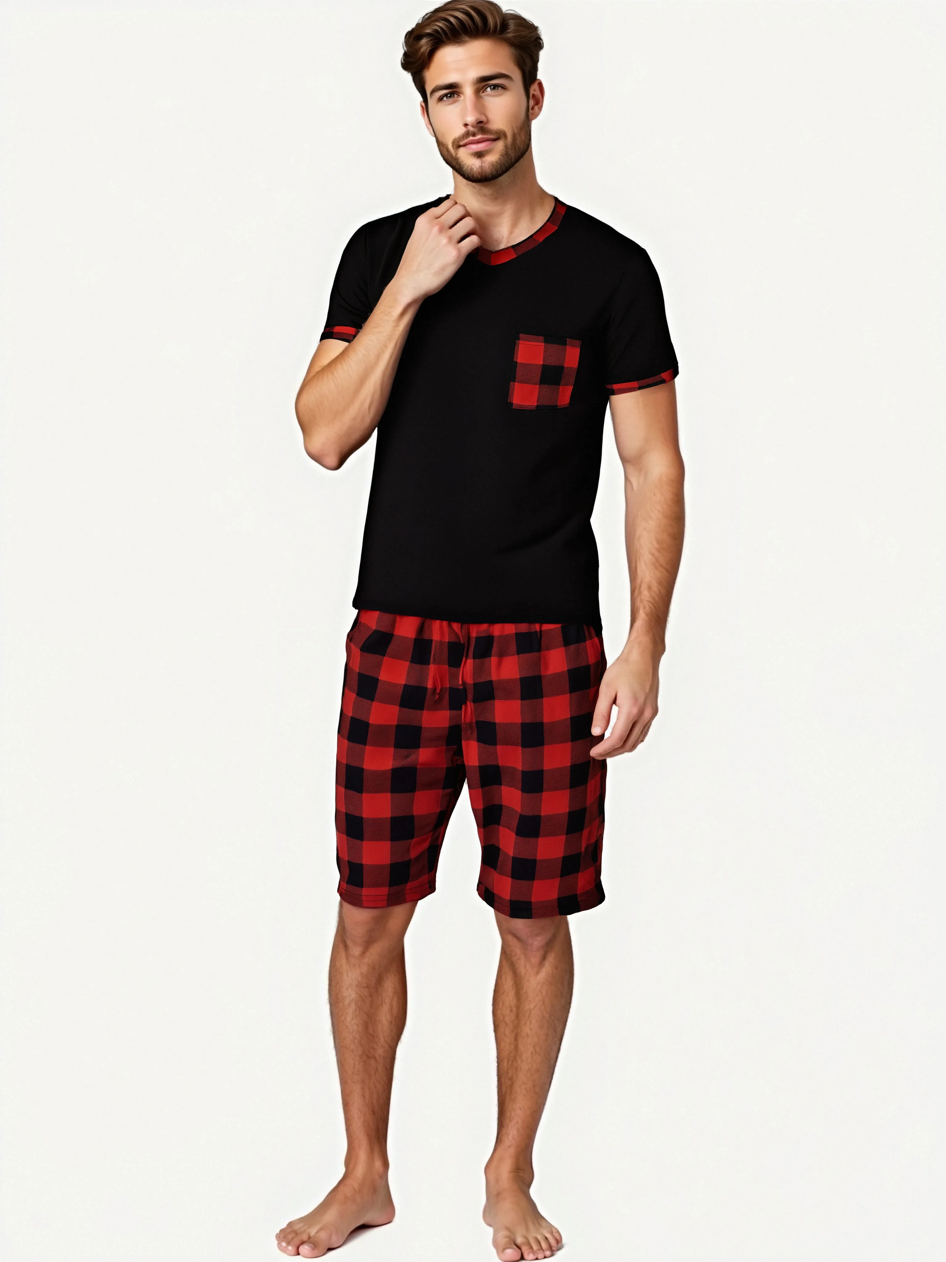 Mens Pajama Sets Short Sleeve Plaid Pajamas for Men Pjs Set Soft Lounge ...