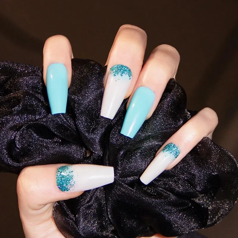 24pcs-box-Sky-Blue-Fake-Nails-Art-Long-Coffin-Shaped-False-Nail-Full ...