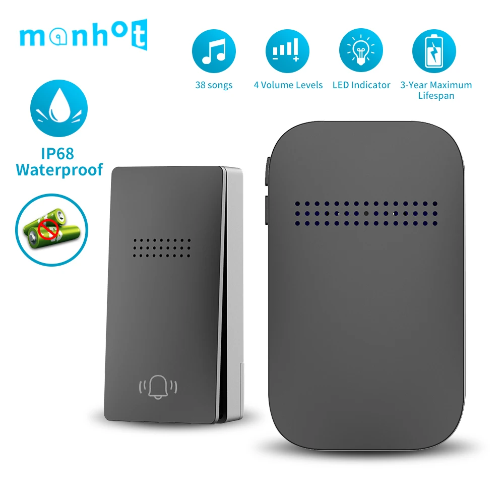 Wireless Outdoor Doorbell Waterproof No Battery Required Self-Powered ...