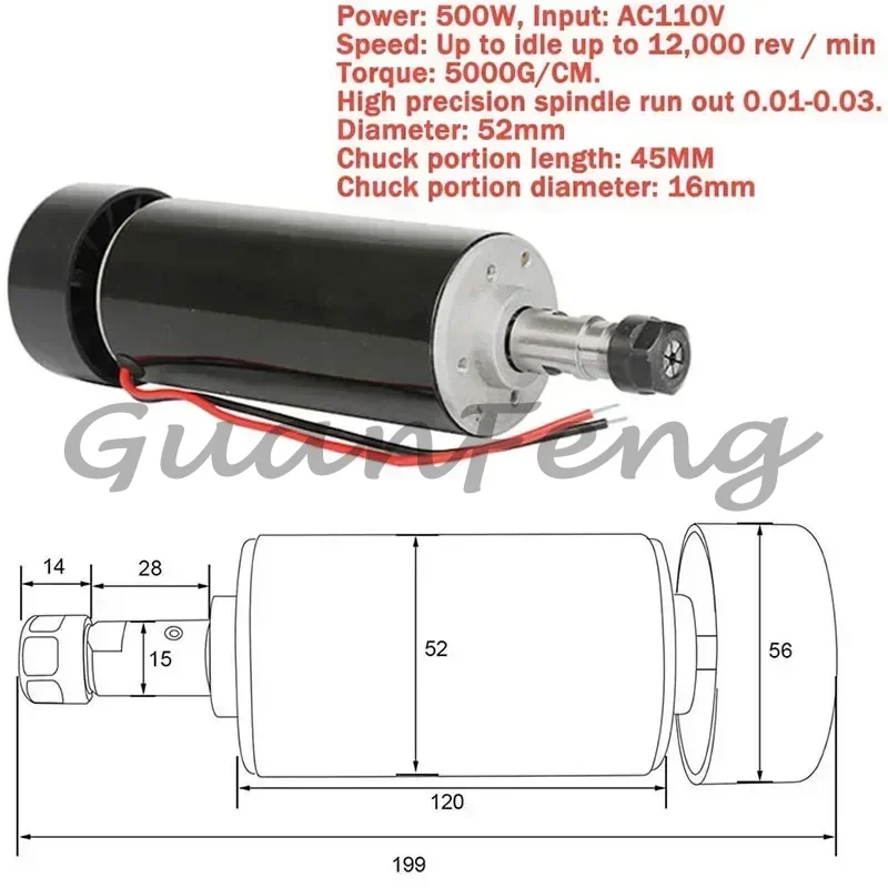 CNC 500W Spindle Motor Air Cooled Spindle ER11 Chuck + 52mm Clamp ...