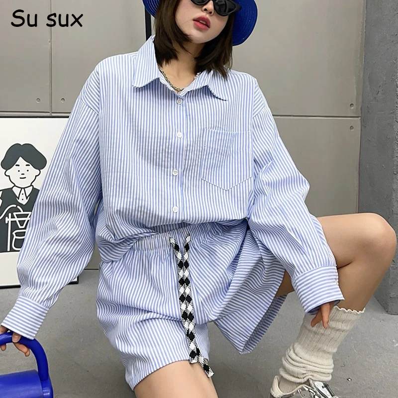 Striped-Blouse-Shirt-Short-Pants-2-Piece-Sets-Women-Outfits-YSk-Clothes-Oversized-Tracksuit-Turn ...