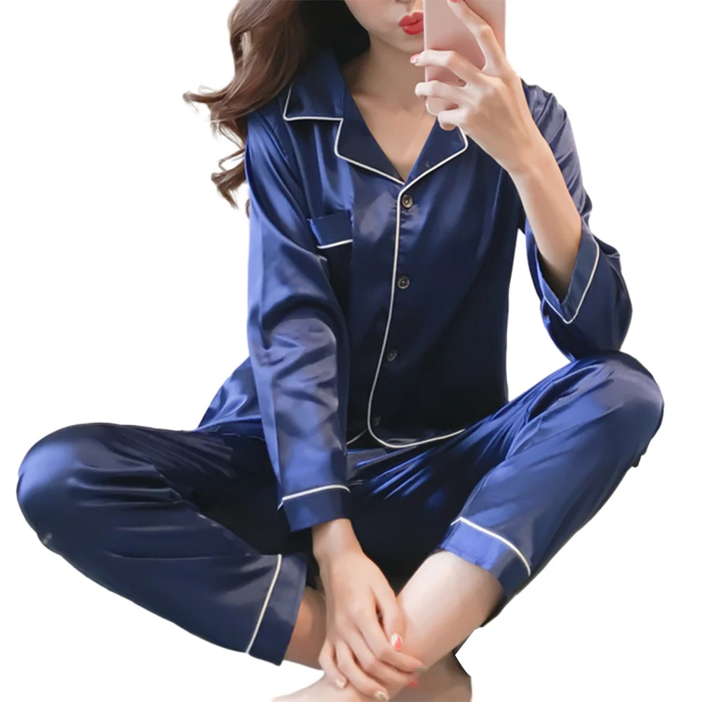 Women-Satin-Long-Sleeve-Pajama-Set-Lapel-Top-And-Pants-Solid-Pajamas ...