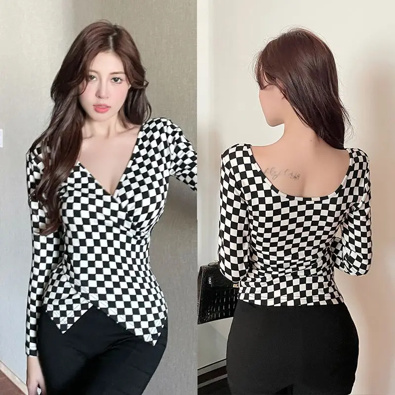 Sexy-Deep-V-neck-Cross-Over-Tops-Spring-Plaid-Slim-Long-Sleeve-Short ...