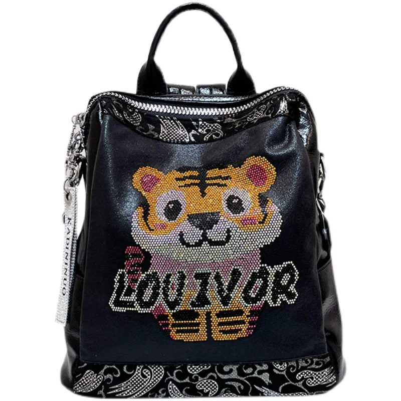 Cute Tiger Face Women's Backpack Genuine Leather Designer Bagpack Brand ...