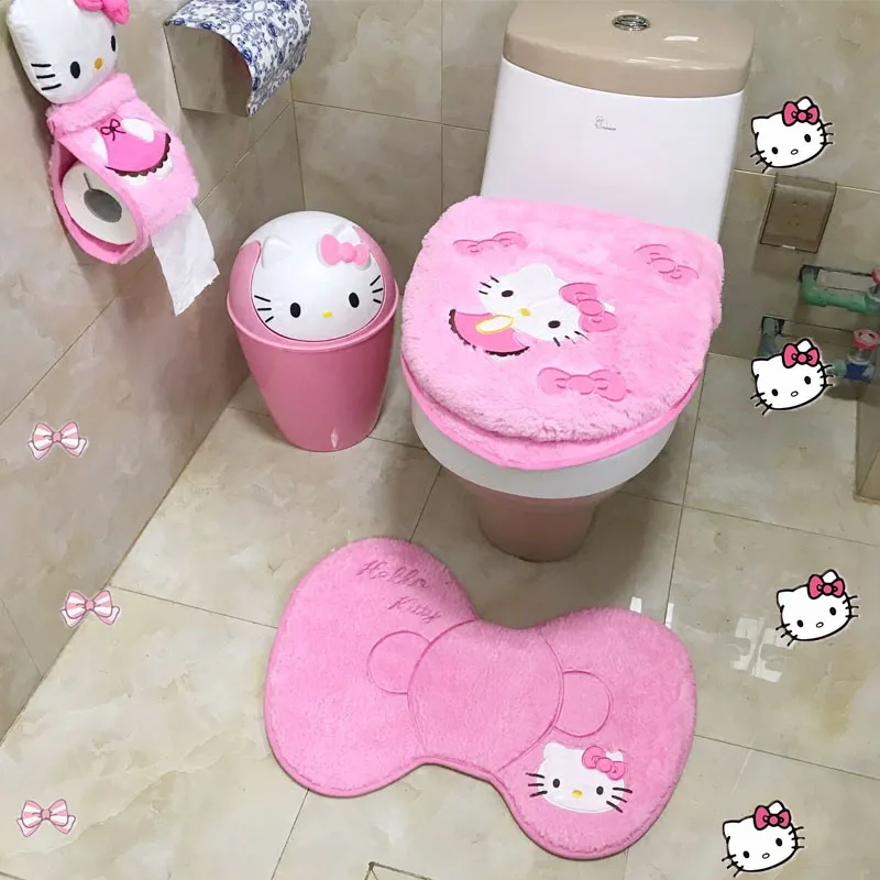 Cute-Girl-HelloKitty-Bathroom-Plush-Trim-Set-Toilet-Seat-Cushion-Foot ...