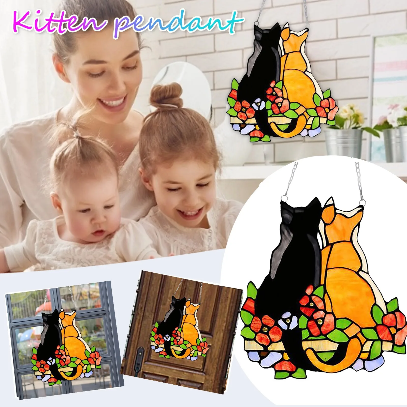 Multicolor-Cat-On-A-Wire-High-Stained-Acrylic-Suncatcher-Window-Panel ...