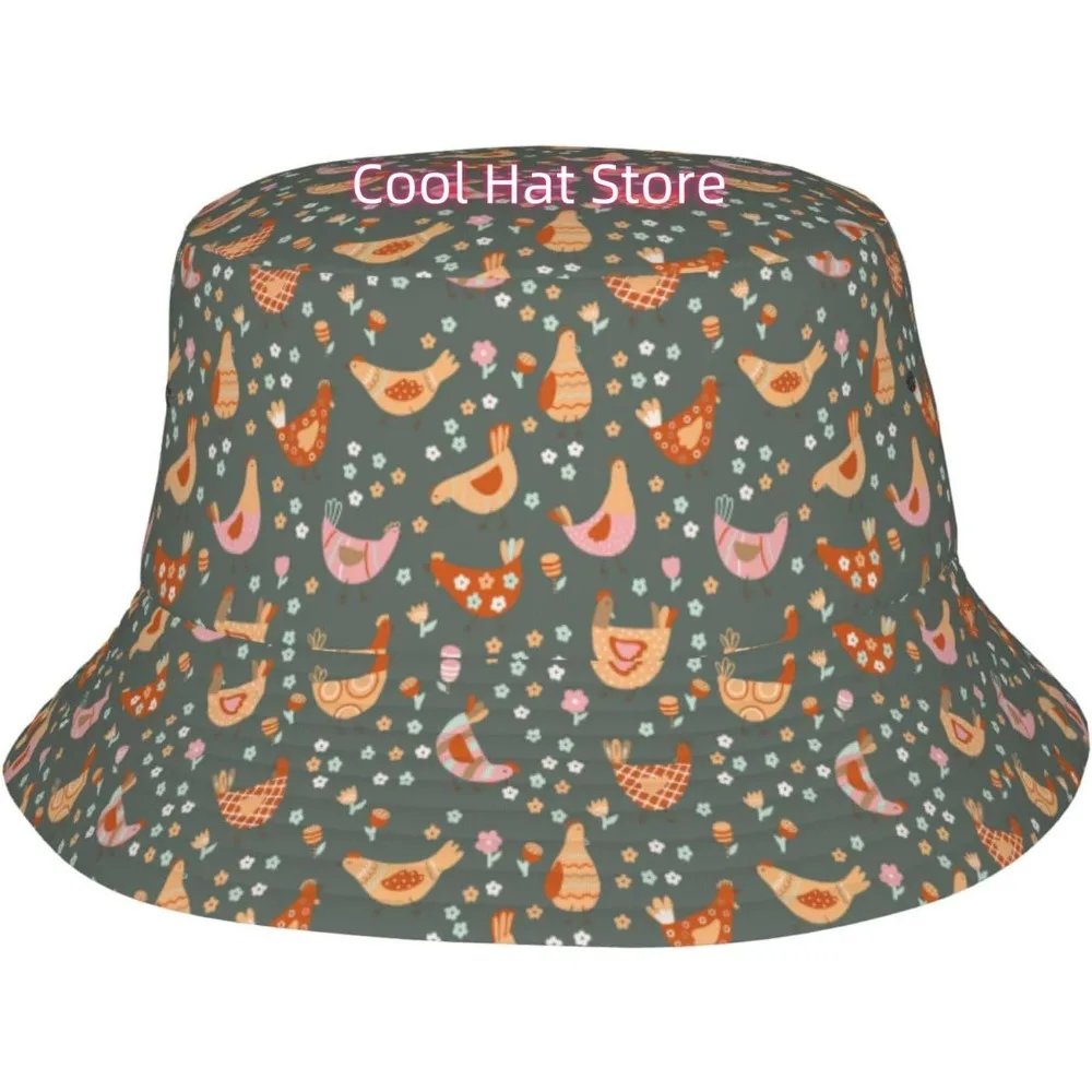 Chicken Cartoon Flowers Cute Bucket Hat Summer Beach Travel Sun Hat ...