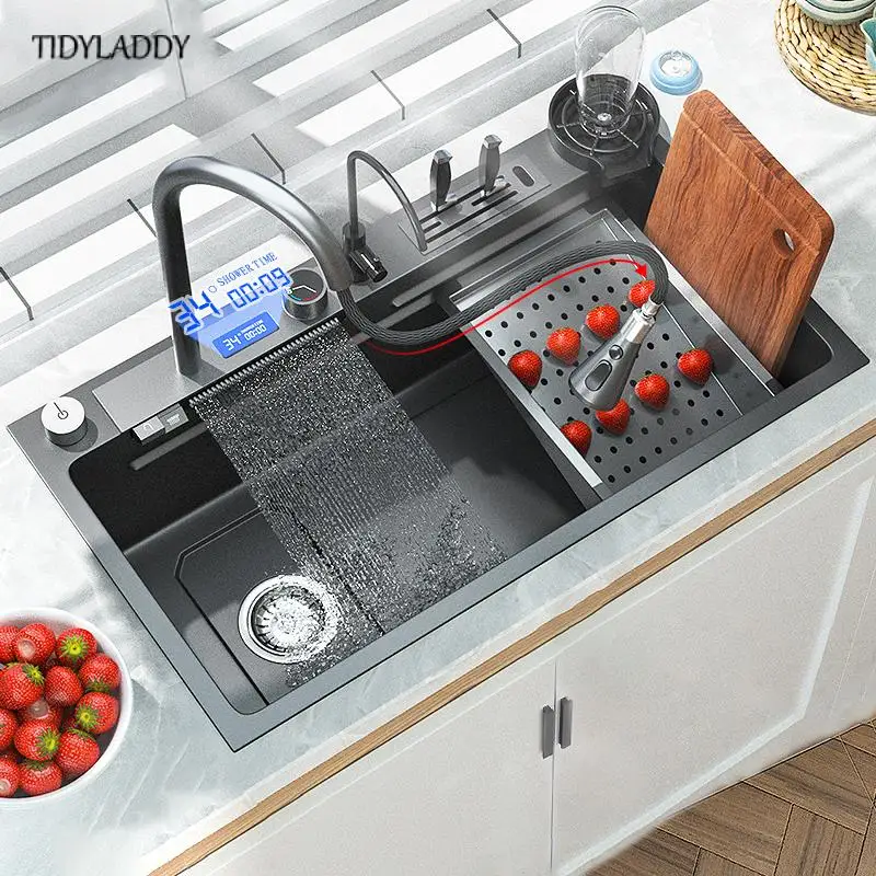 Large-304-Stainless-Steel-Kitchen-Waterfall-Sink-Digital-Display-Single ...